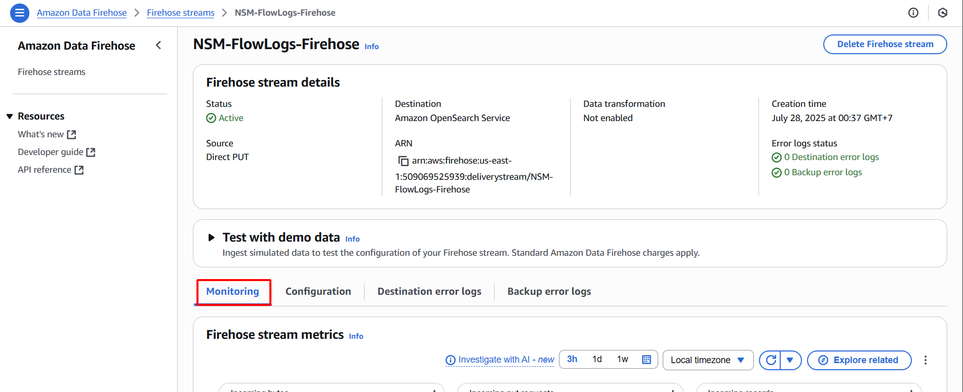 Verify data flow :: Create a new AWS account.